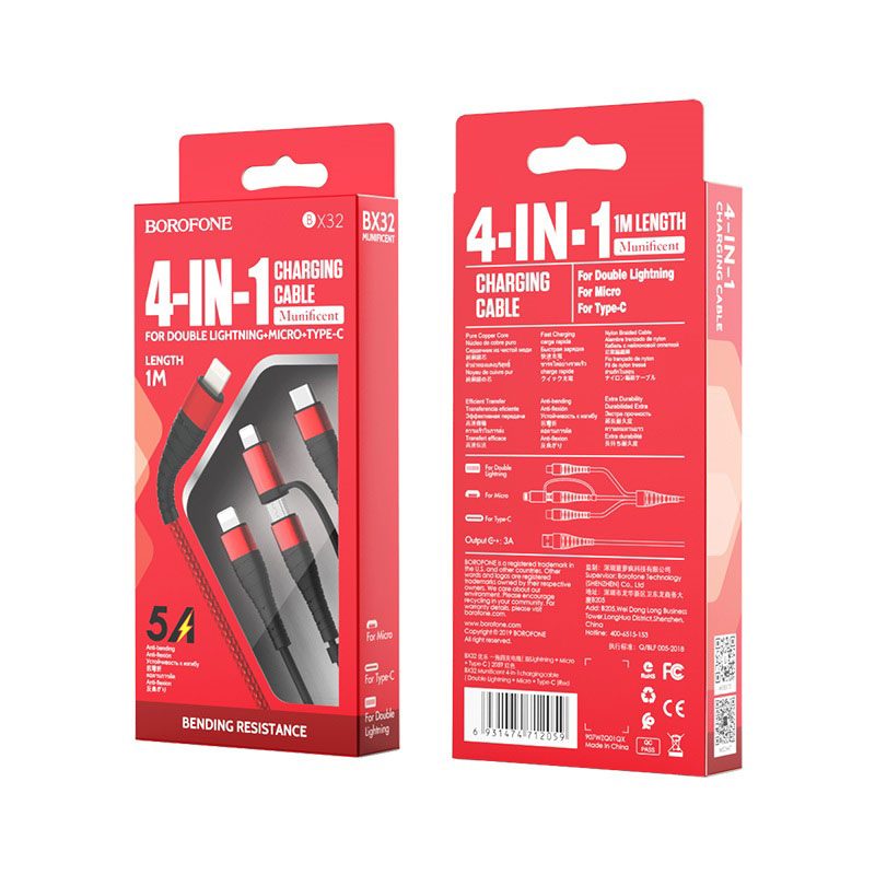 Borofone C Bx32 Munificent Cable 4 In 1 Lightning X2 Micro Usb Red